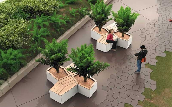 Banquette extérieure acier bois Karadis, mobilier urbain moderne